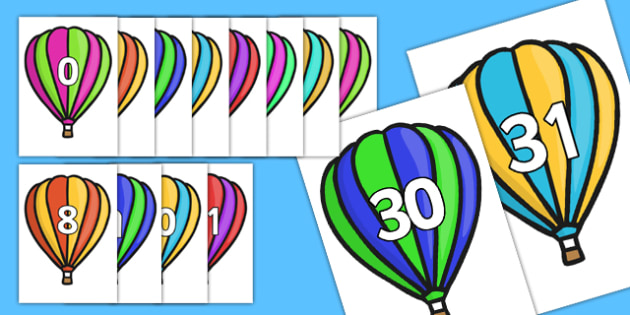 Calendar Numbers 0-31 on Hot Air Balloons (Stripes)