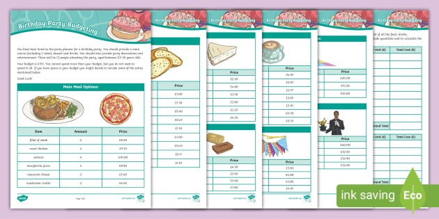 Life Skills: Birthday Party Budgeting Activity Sheet