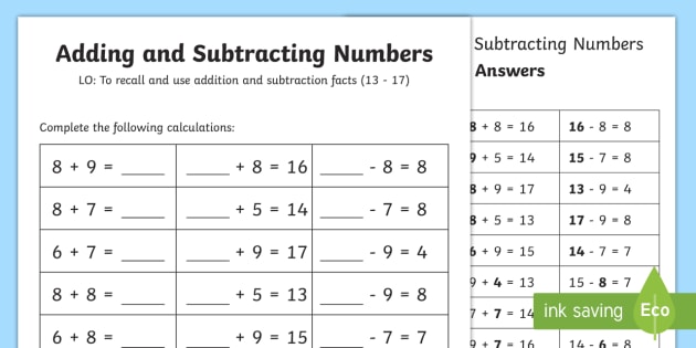 Number Facts Worksheet 13-17 One Digit (teacher made)
