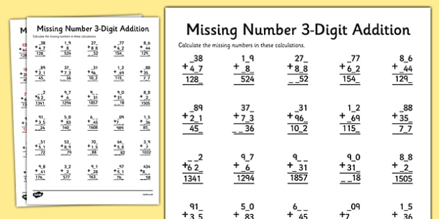 Missing Number Three Digit Addition teacher Made 