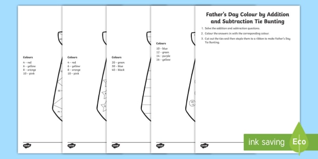 Father's Day Colour by Addition and Subtraction Tie Bunting Colouring Pages