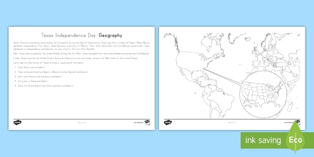 Texas Independence Geography Worksheet - Grades 3-5 History, Grades 3-5