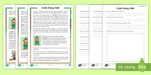 Irish Fairy Folk Differentiated Reading Comprehension Activity