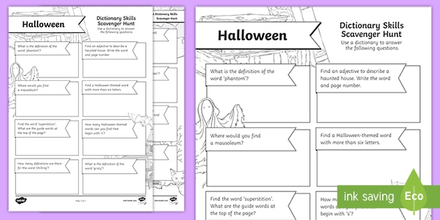 Halloween Dictionary Skills Scavenger Hunt Worksheet
