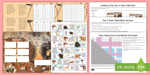 Stone Age Times Tables Menu (teacher made)