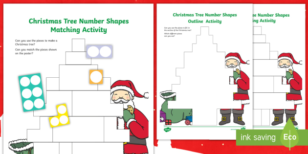 Christmas Tree Number Shape Outline and Matching Activities