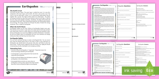 Earthquakes Differentiated Reading Comprehension Activity
