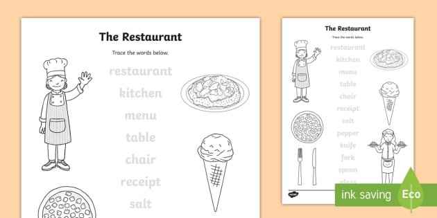 The Restaurant Aistear Trace the Words Worksheet