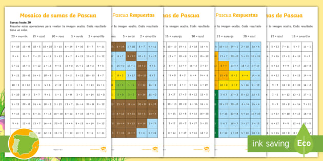 Ficha de actividad: Mosaico de sumas de Pascua hasta 20