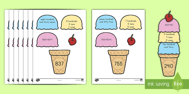Place Value Ice Cream Cone Matching Activity - matching, math