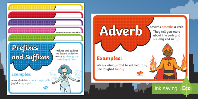 Superhero Themed Literacy Types of Words Display Posters - Literacy ...