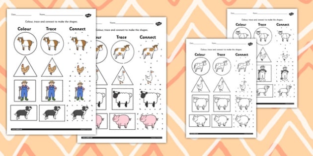 On the Farm 2D Shape Colour Trace and Join the Dots - colours