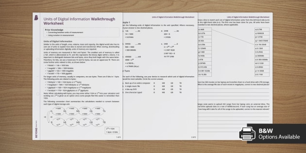 Units of Digital Information Walkthrough Worksheet - Beyond