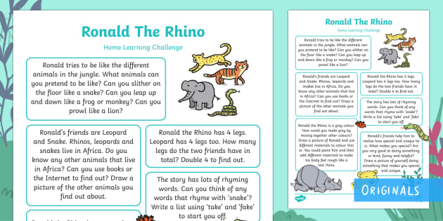 FREE! - Kindergarten Ronald the Rhino Home Learning Challenges ...