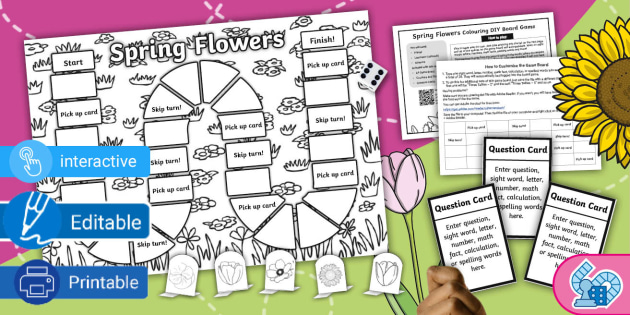 Editable Spring Colouring Board Game with Spring Flowers