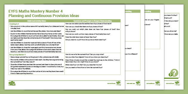 EYFS Maths Mastery Number 4 Planning and Continuous Provision Ideas