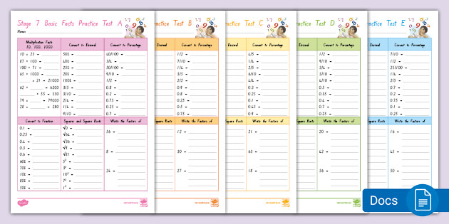 Stage 7 Basic Facts Practice Tests (teacher made)