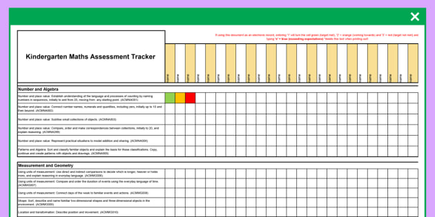 Kindergarten Mathematics Tracker Assessment Spreadsheet