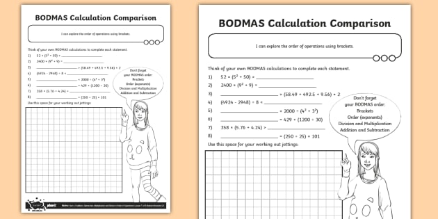 Order of Operations Comparison Worksheet