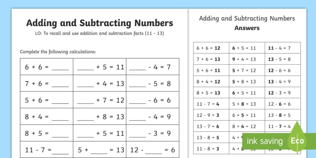 Number Facts Worksheet 11-13 One Digit (teacher made)