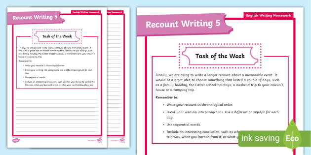 Writing Homework Recount 5 3rd/4th Class (teacher made)