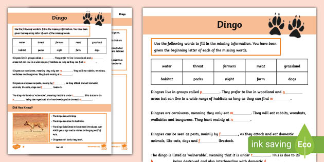 Dingo Differentiated Cloze Passage (teacher made)