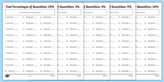 Percentages Year 6 Worksheets KS2 Differentiated Quantities