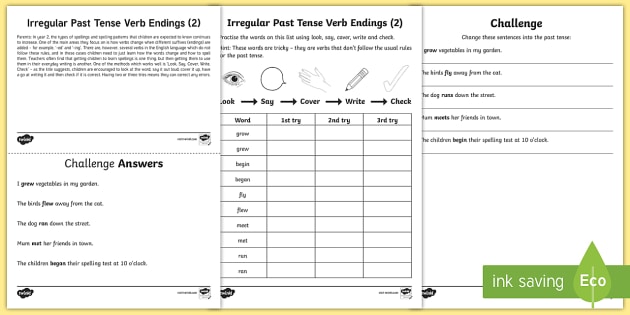 Year 2 Spelling Practice Irregular Past Tense Verb Endings (2) Homework