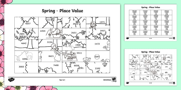 Spring-Themed 4-Digit Place Value Colouring Assessment Sheet Worksheets