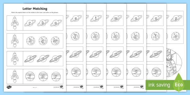 Space Themed Alphabet Capital Letter Matching Worksheet