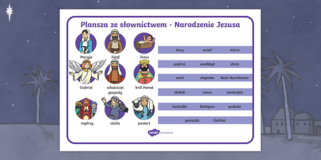 Plansza ze słownictwem Boże Narodzenie po polsku - religia
