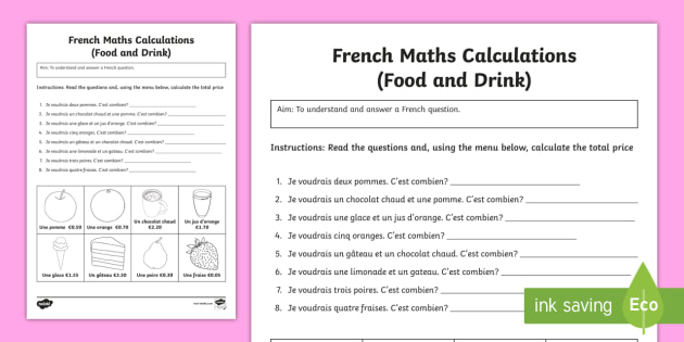 CfE French Maths Calculations (Food and Drink) Worksheet / Worksheet