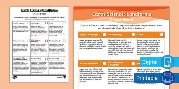 Earth Science: Landforms Choice Board (teacher made)