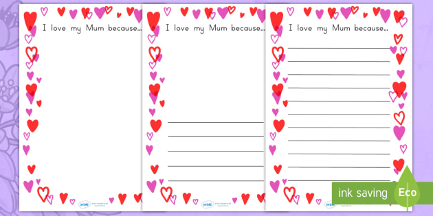 Mothers Day I Love My Mum Because Full Page Borders - writing