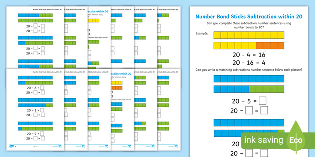 Number Bond Sticks Subtraction within 20 Worksheets