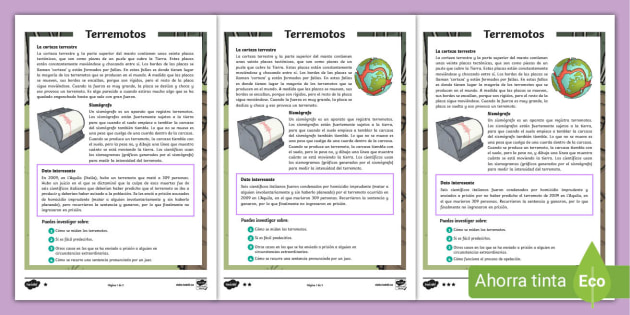 Comprensión lectora por niveles: Terremotos (teacher made)