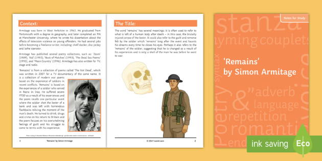 GCSE Poetry Notes for Study to Support Teaching on 'Remains'