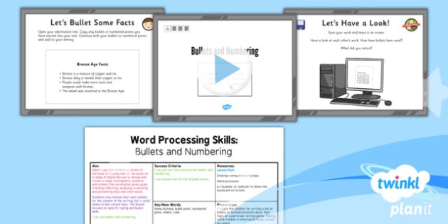 Computing: Microsoft Word Skills: Bullets and Numbering Year 3 Lesson ...