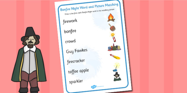 Bonfire Night Word and Picture Matching Worksheet - fireworks
