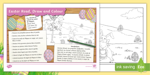 👉 French: Easter Read, Draw and Colour Worksheet - KS2 Resource