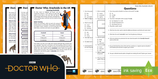 FREE! - Doctor Who Reading Comprehension | Arachnids in the UK | BBC