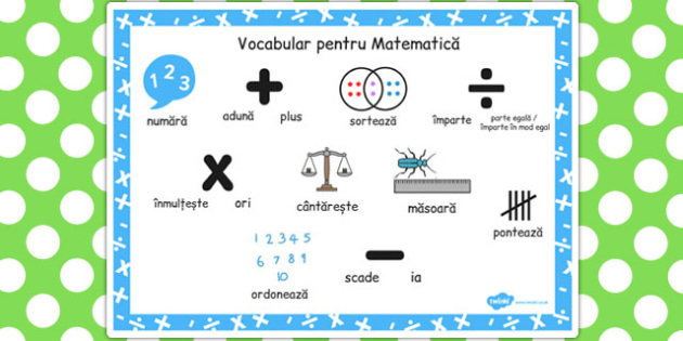 Vocabular pentru Matematica, plansa, numara, aduna, scade, Romanian