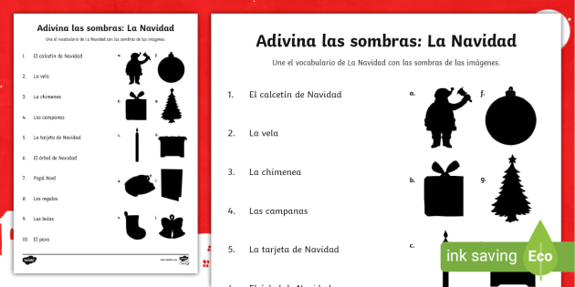 Christmas Vocabulary Shadows Worksheet Spanish