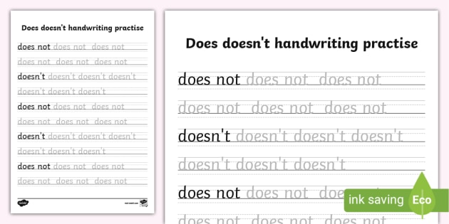 Does Not and Doesn't Handwriting Practise Sheets