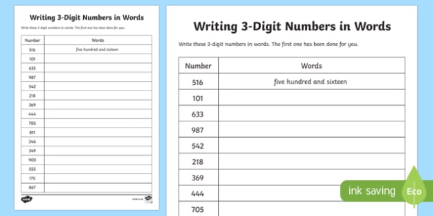 Place Value Writing 3 Digit Numbers In Words Worksheet Worksheet 