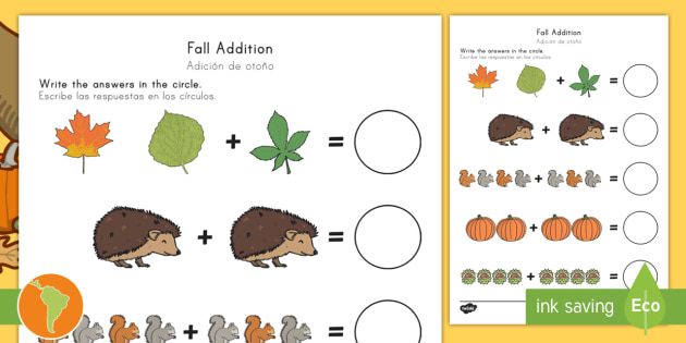 Fall Addition Sheet English/Spanish (teacher made)