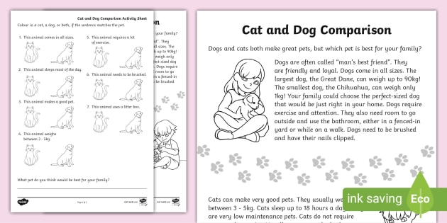 Cats and Dogs Comparison Activity Sheets (teacher made)