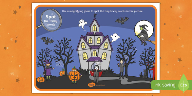 Halloween Themed Phase 3 Tricky Words Magnifying Glass Activity