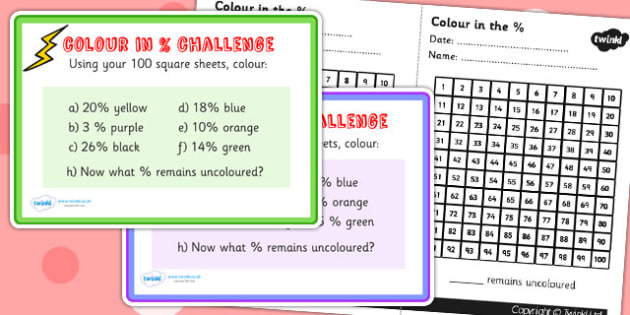 Colour in the Percentage Maths Challenge Cards and 100 Square