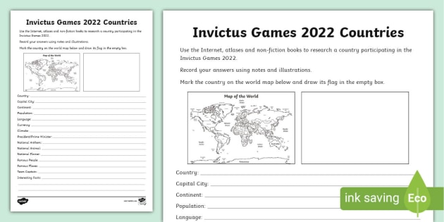 Invictus Games Countries Research Worksheet / Worksheet